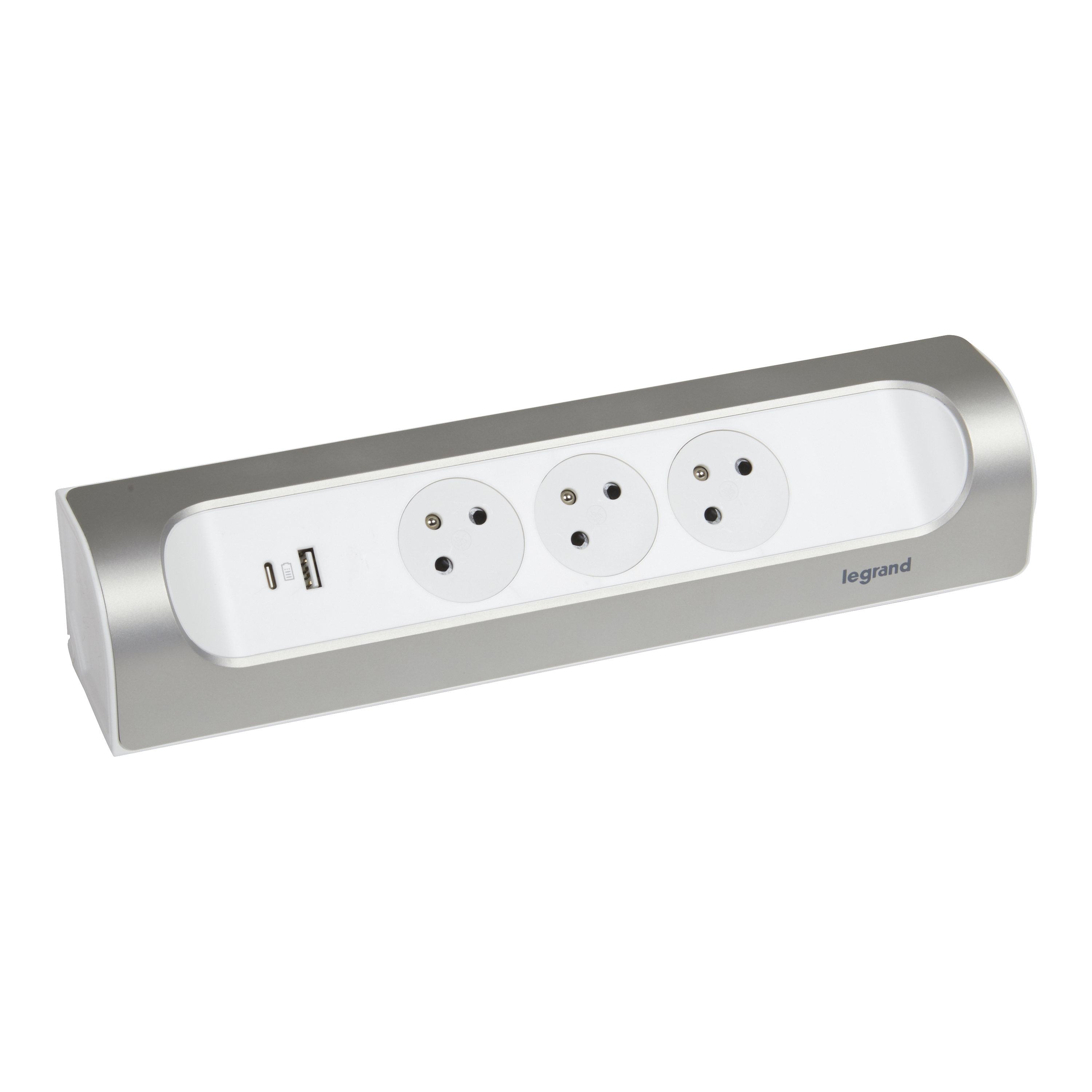 LEGRAND Zásuvka 3X2P+T USB A+C rohová hliník